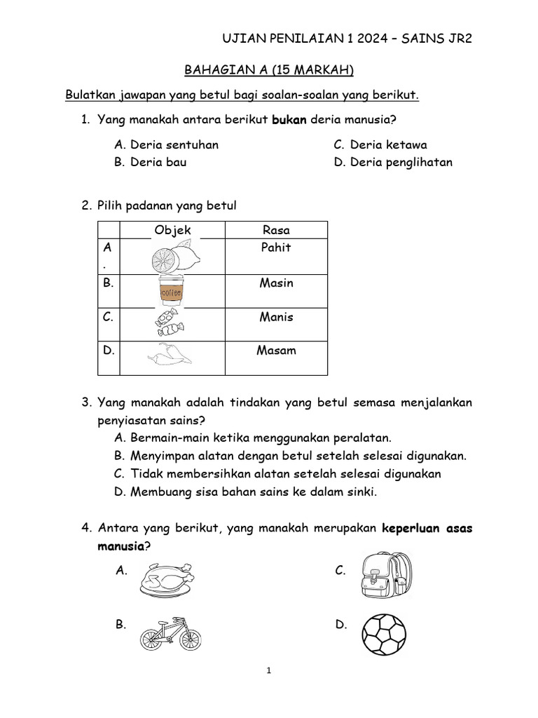 Sains Tahun 2 - Ujian 1 2024 | PDF