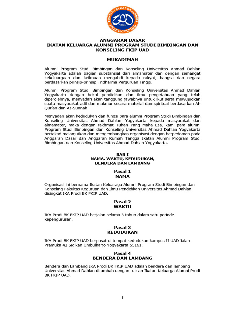 Anggaran Dasar IKA BK UAD | PDF