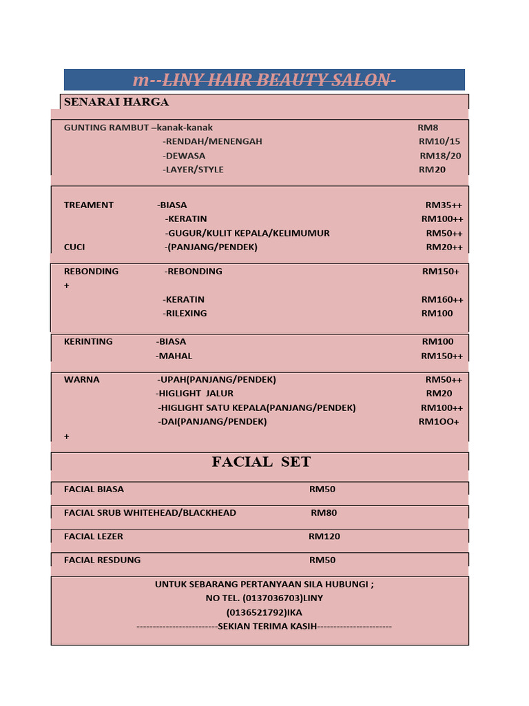 Senarai Harga Liny Hair Beauty Salon | PDF