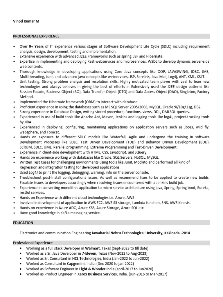 Vinodkumar M Resume | PDF | Databases | Java (Programming Language)