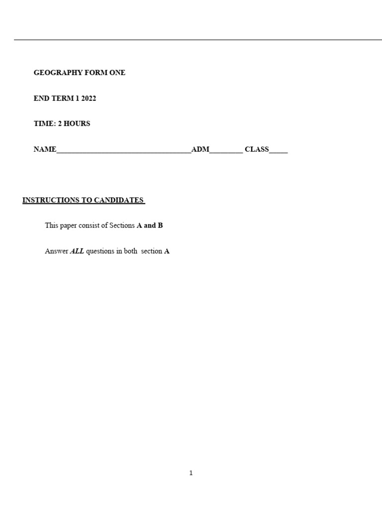 Geography Form One Term 1 2022 End Term 1 Teacher - Co .Ke | PDF ...