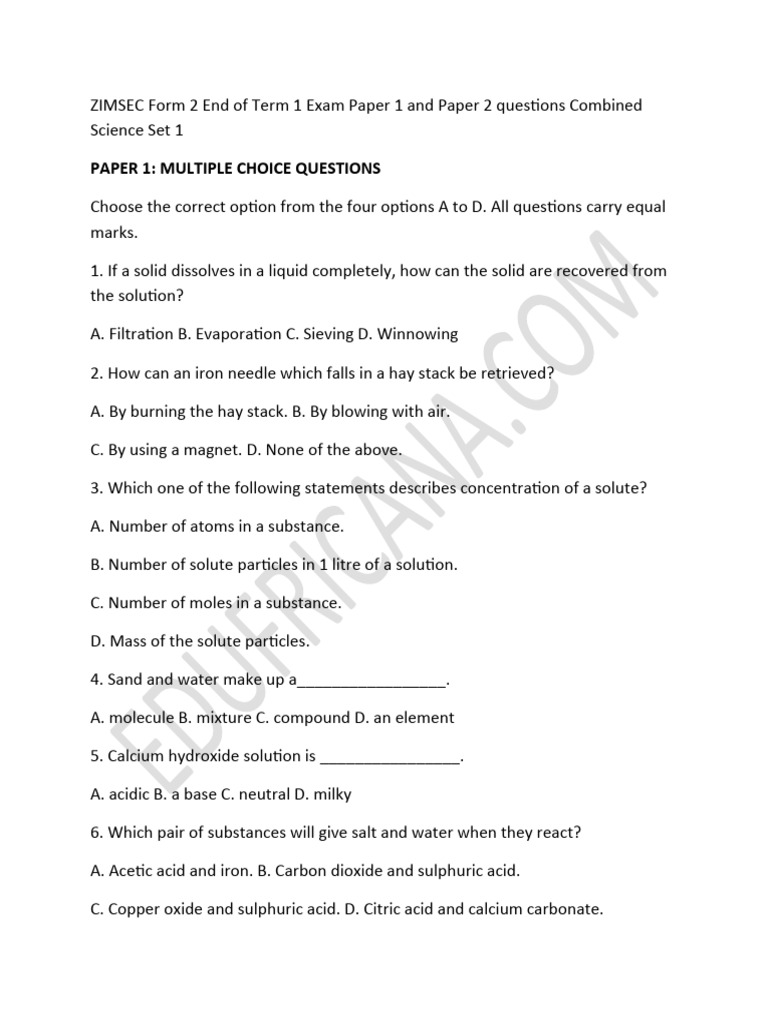ZIMSEC Form 2 End of Term 1 Exam Paper 1 and Paper 2 Questions Combined ...