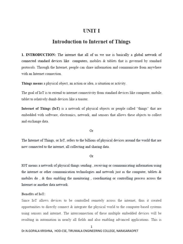 Unit - I Iot | PDF | Internet Of Things | Computer Network