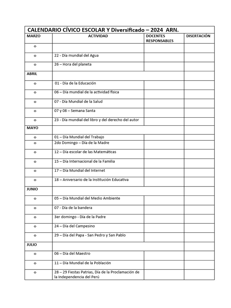 CALENDARIO CIVICO ESCOLAR ARN 2024 | PDF