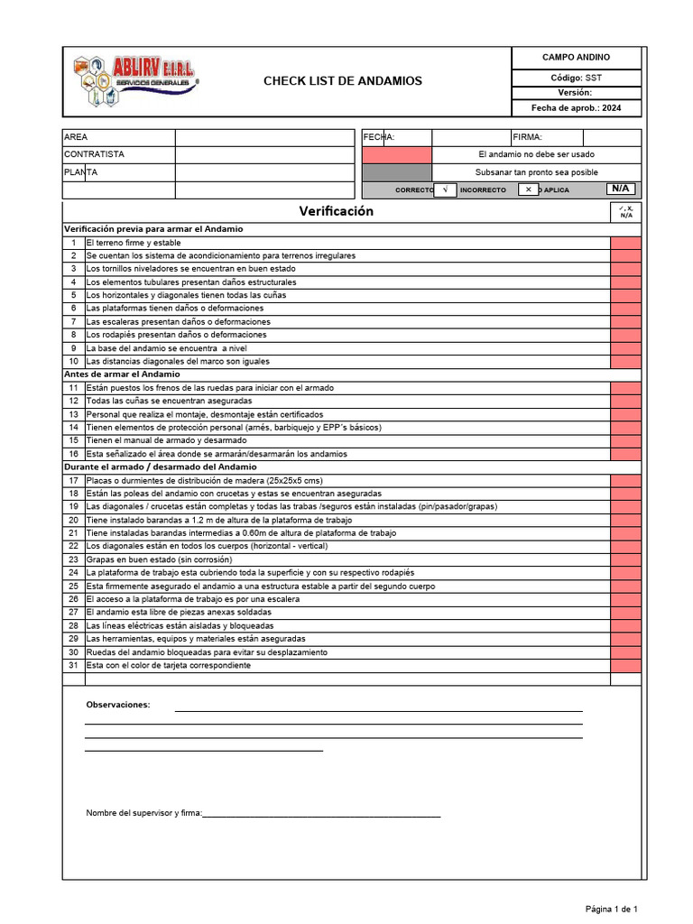 Check List de Andamios | PDF | Andamio