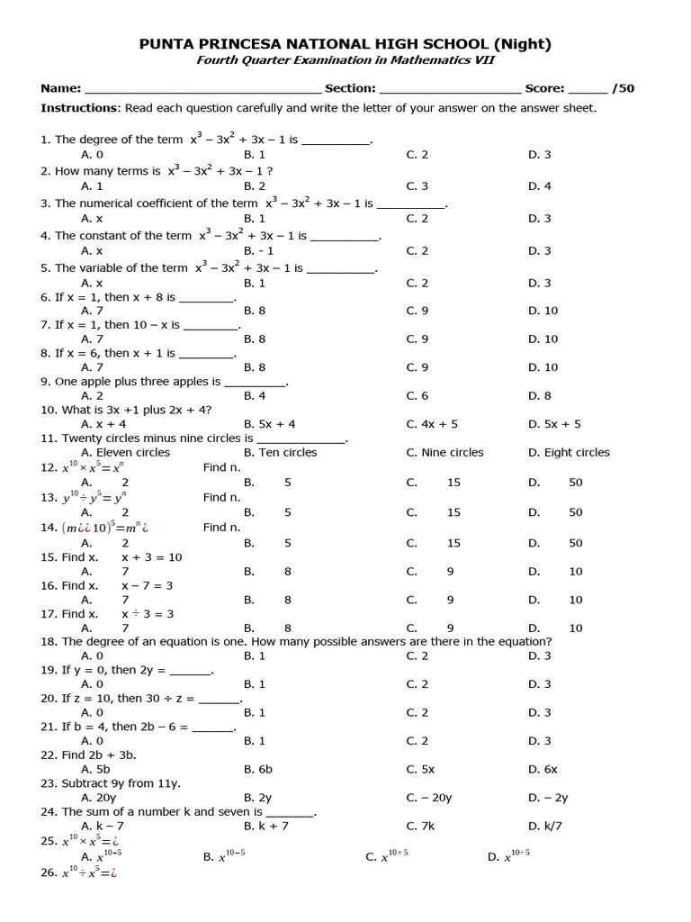 Math VII Fourth Quarter Exam Guide | PDF | Length | Mathematics