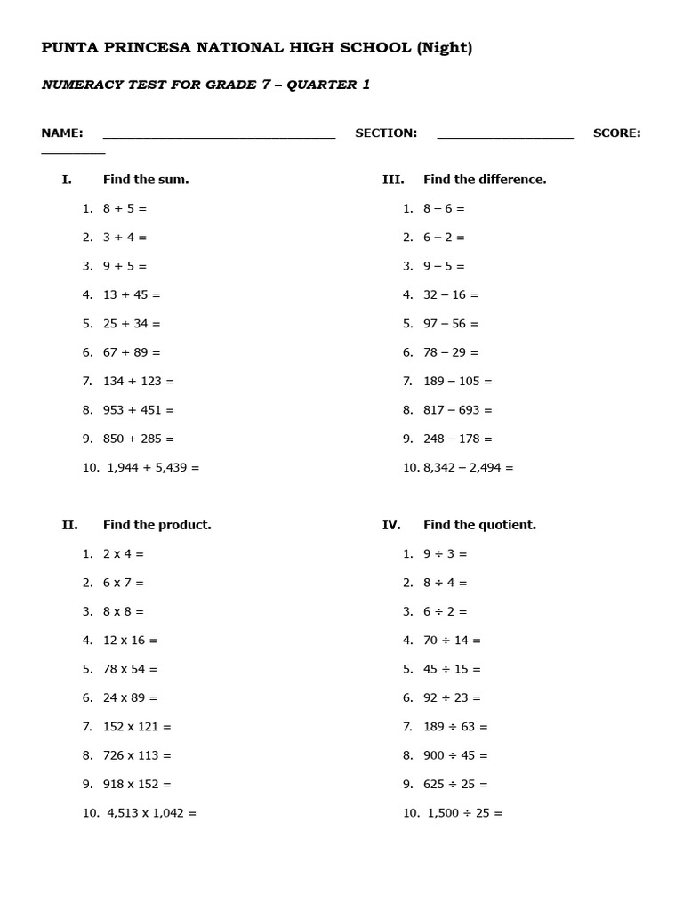 Numeracy Test For Grade 7 | PDF | Career & Growth | Teaching Methods ...