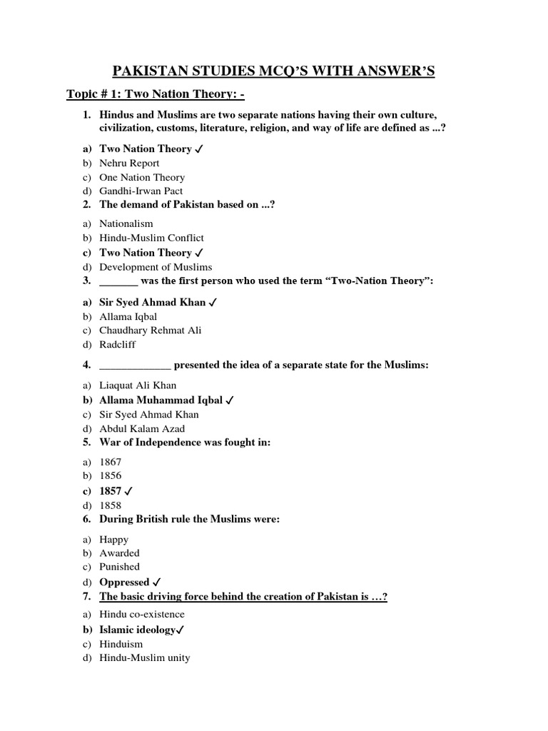 Pakistan Studies MCQ | PDF | Two Nation Theory | South Asia