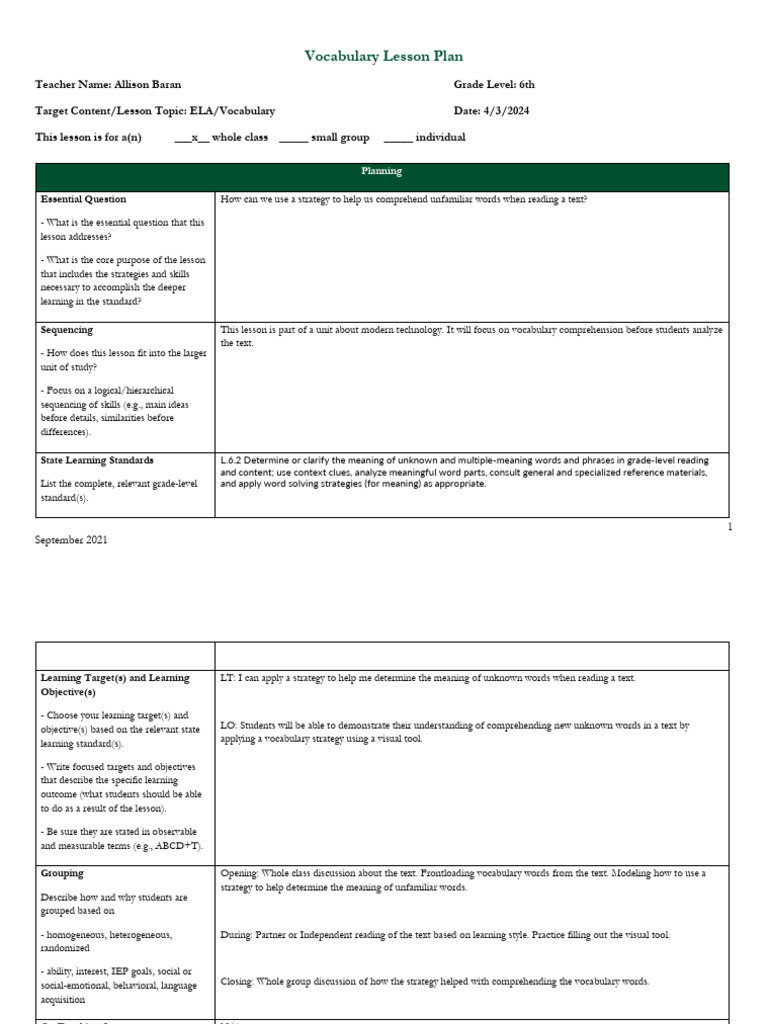 Vocabulary Lesson Plan - 6th Grade | PDF | Educational Assessment ...