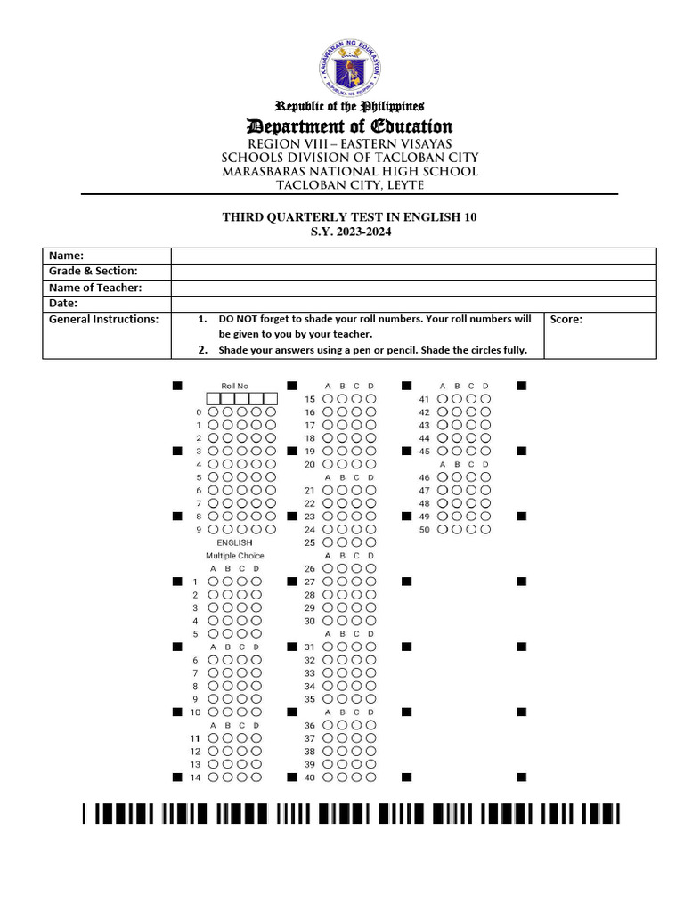 English 10 Quarterly Test Guide | PDF | Adverb | Adjective