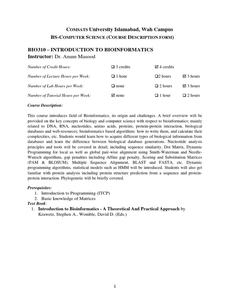 BIO310 Course Outline | PDF | Bioinformatics | Sequence Alignment