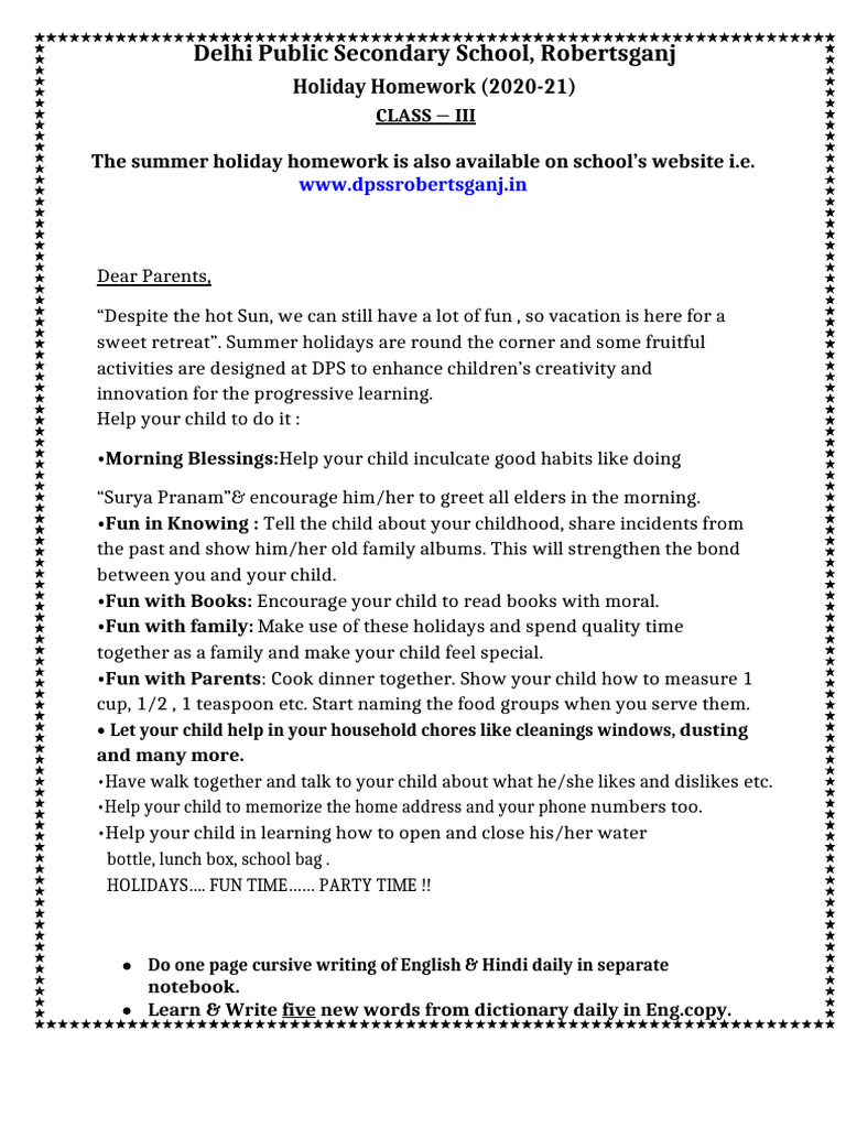 Class III Holiday Homework 2020 21 | PDF