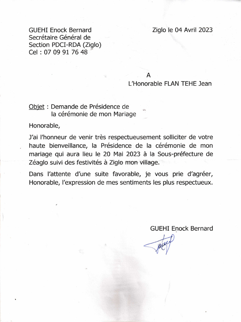 Demande de Présidence de Mariage à Ziglo | PDF