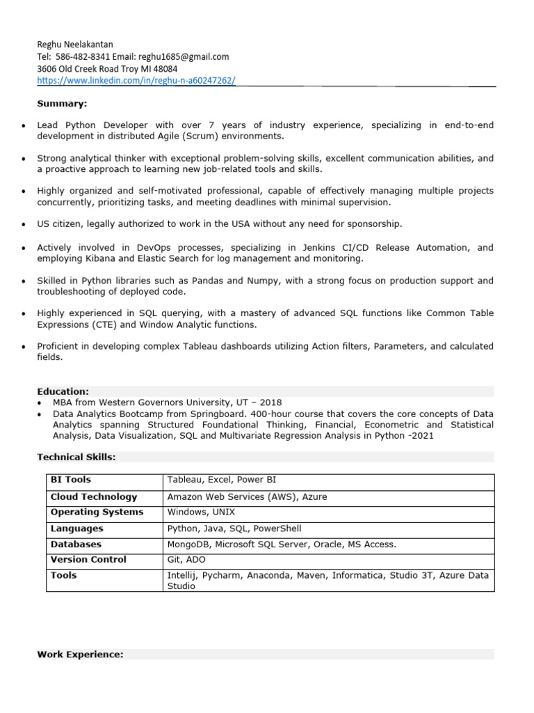 Lead Python Developer Resume Summary | PDF | Sql | Python (Programming ...