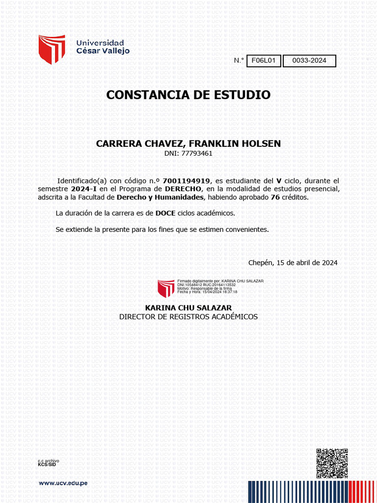 Constancia de Estudio - Franklin Chavez | PDF