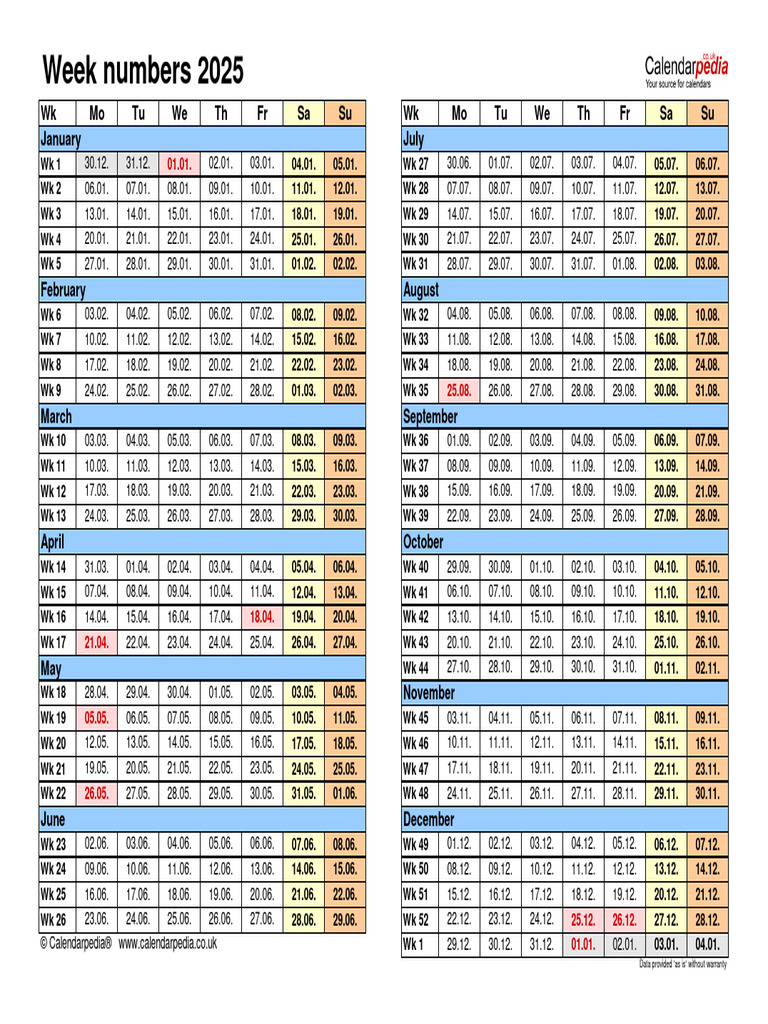 Week Numbers 2025 With Months Landscape | PDF