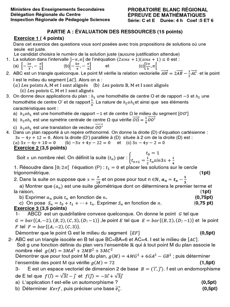Epreuve Maths Probatoire C e Blanc 2024 | PDF | Géométrie | Mathématiques