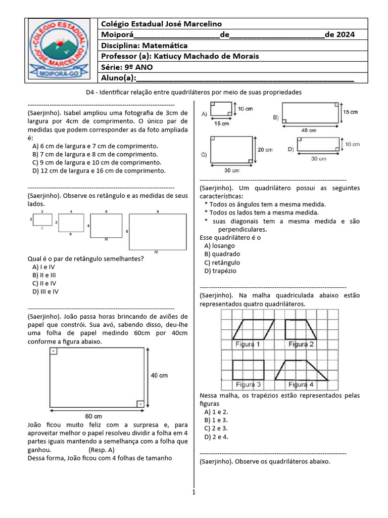 9º ANO D4 - Identificar Relação Entre Quadriláteros Por Meio de Suas ...