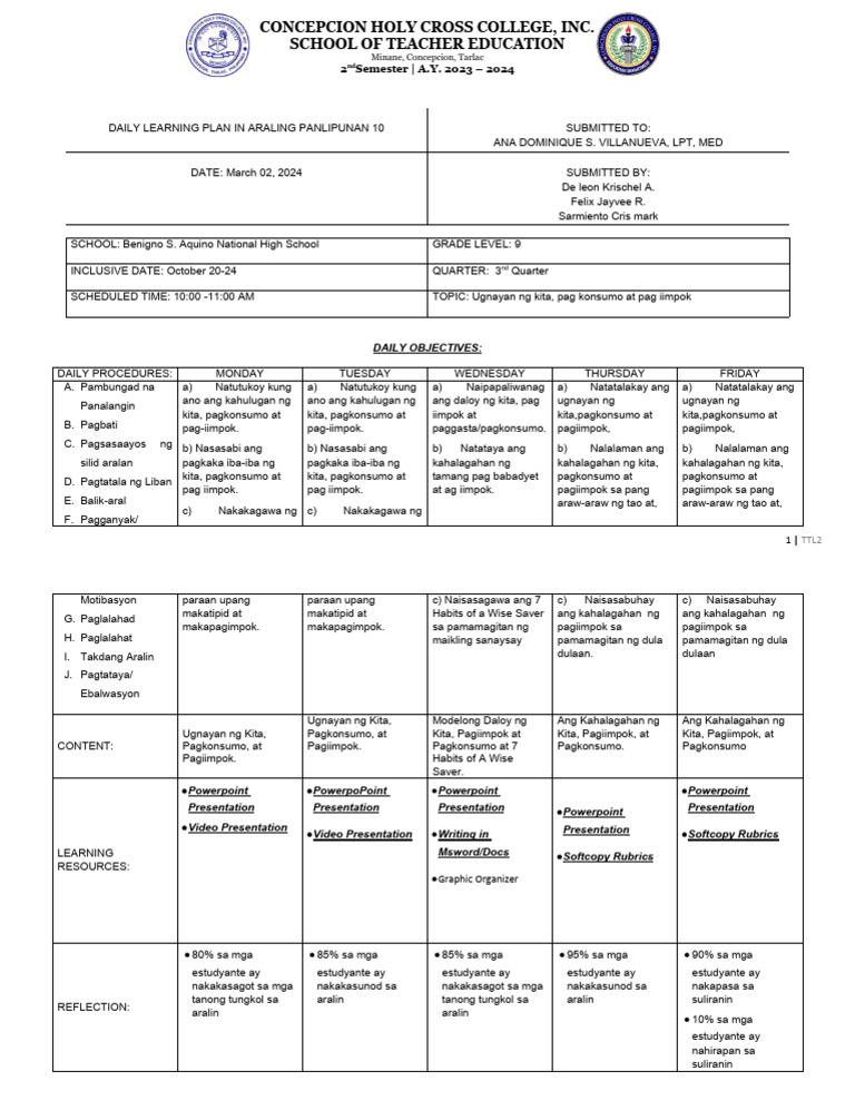 DAILY LEARNING PLAN BSEDSS3A.docx FINAL | PDF