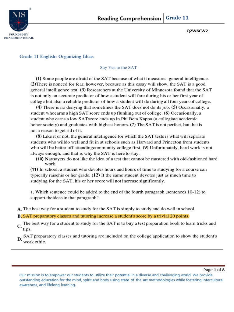 Reading Comprehension: Grade 11 English: Organizing Ideas | PDF ...