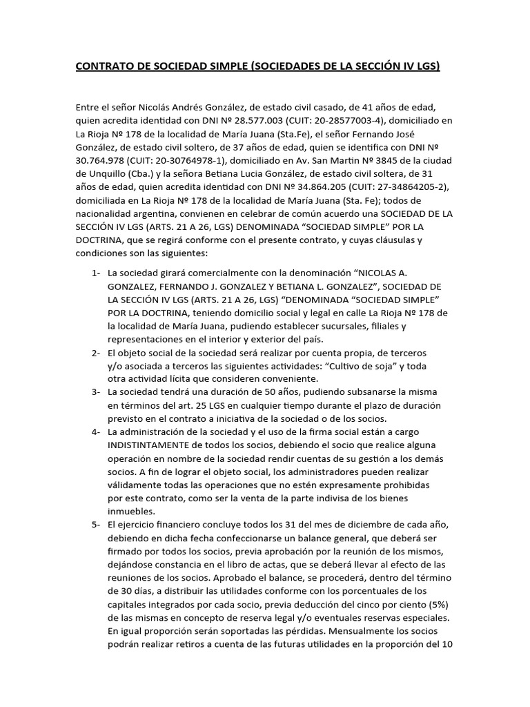 Contrato de Sociedad Simple | PDF