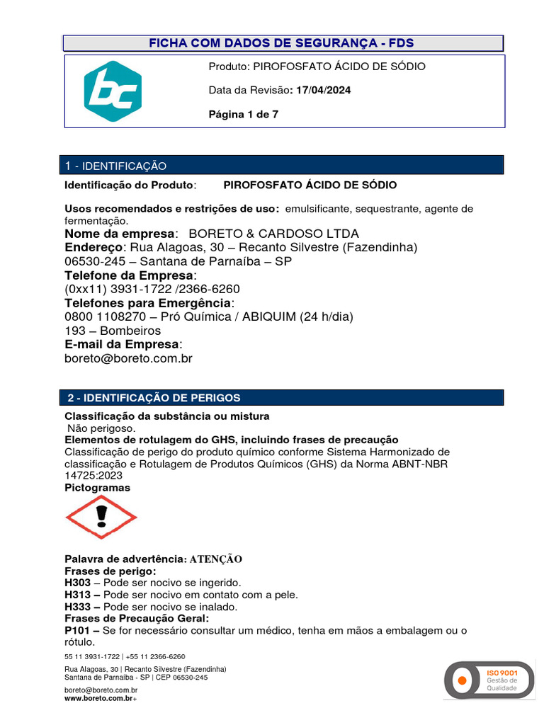 Pirofosfato Ácido de Sódio - FDS 2024 | PDF | Embalagem e rotulagem | Química