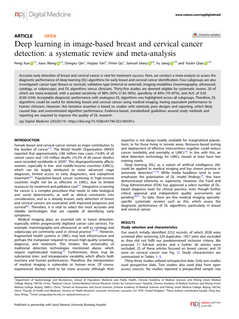 Deep Learning in Image-Based Breast and Cervical Cancer Detection: A Systematic Review and Meta ...