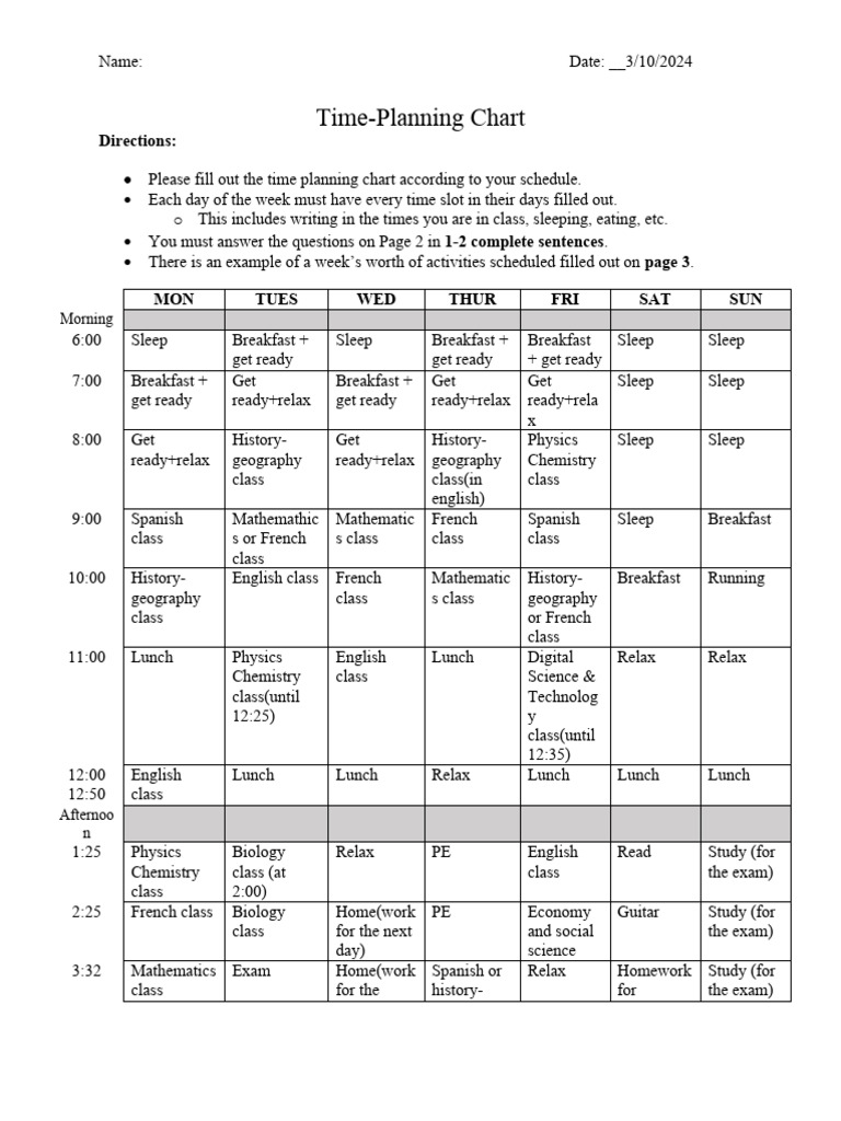 Weekly Time-Planning Chart Template | PDF