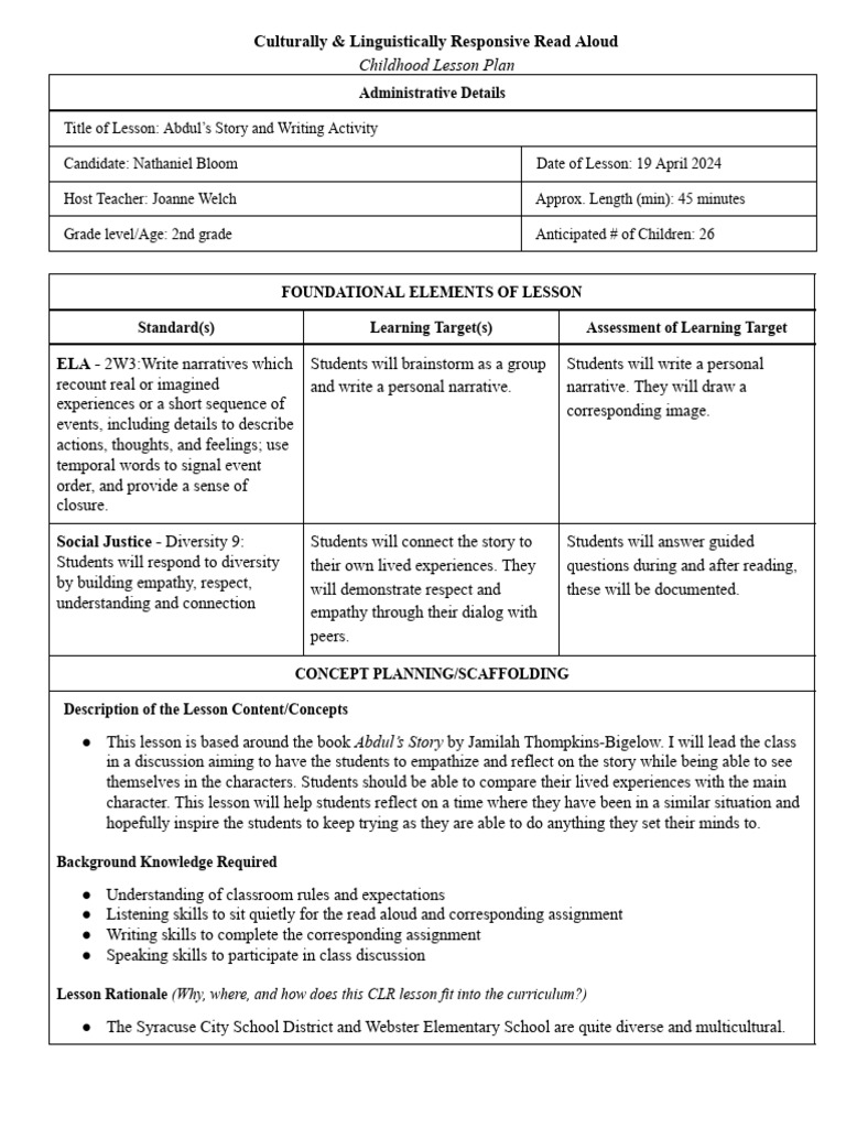 Culturally Responsive Read Aloud Plan | PDF | Empathy | Lesson Plan