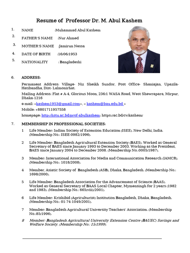 Resume of DR M Abul Kashem Last Updated On 01 DEC 2022 | Download Free ...