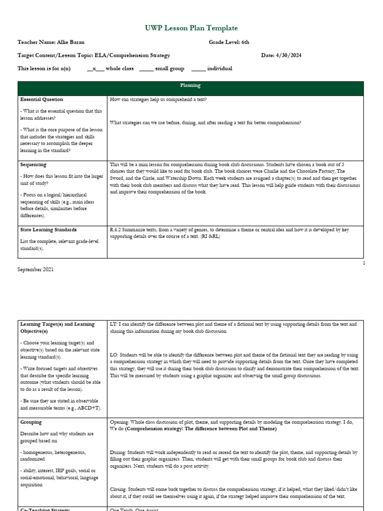6th Grade ELA Comprehension Lesson Plan | PDF | Reading Comprehension ...