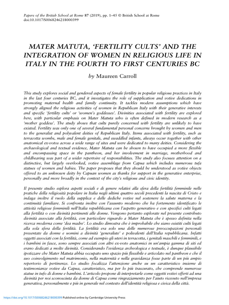Mater Matuta Fertility Cults and The Integration of Women in Religious ...