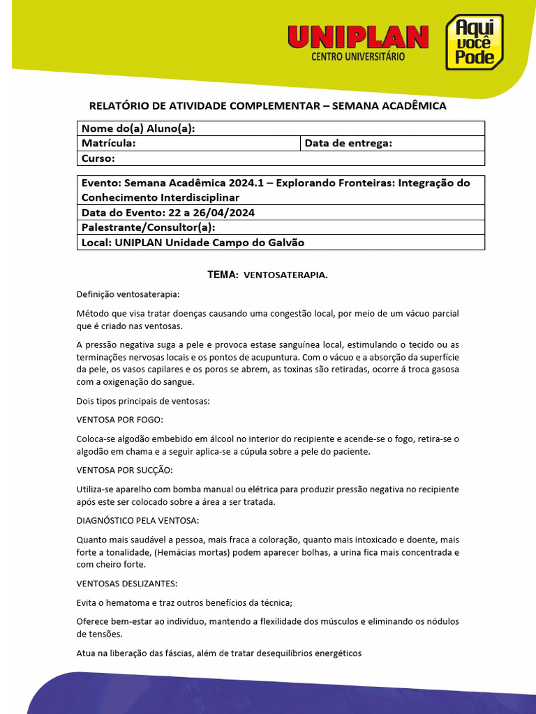 Relatório de Atividade Complementar - Semana Academica 2024.1 | PDF | Autoajuda | Bem-estar