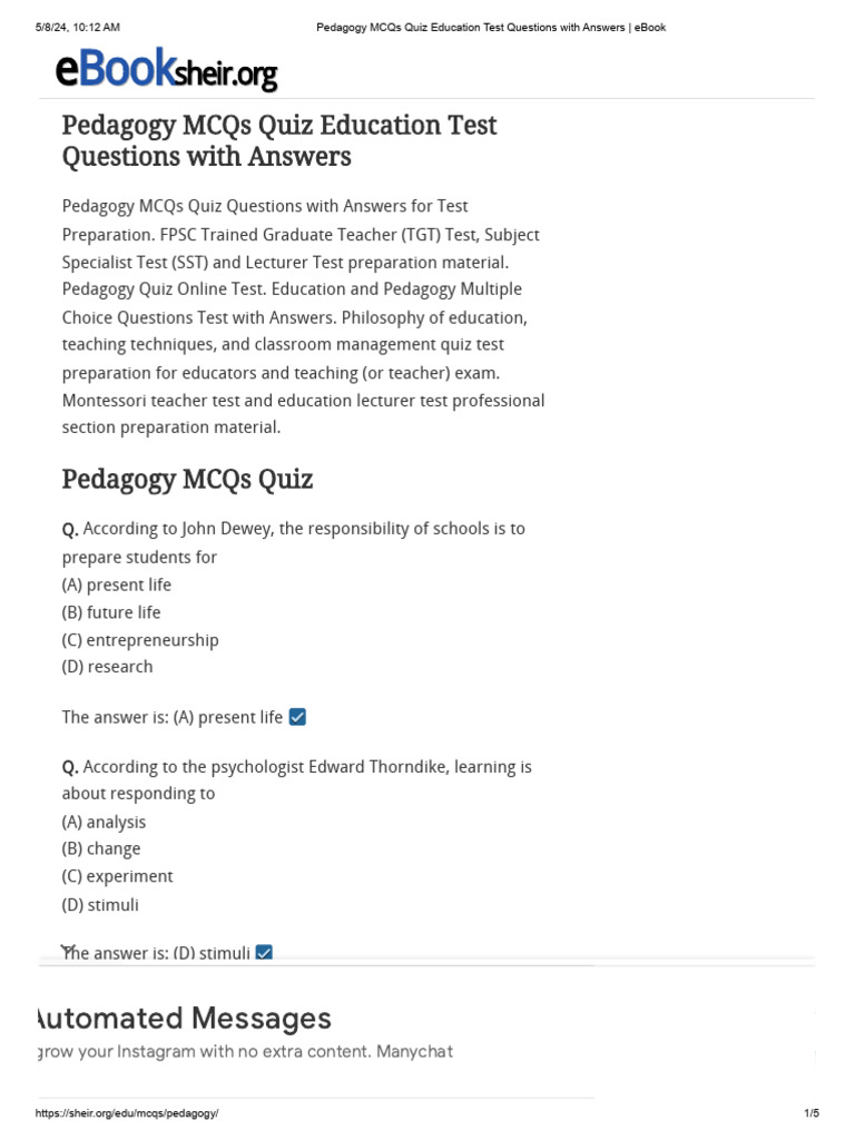 Pedagogy MCQs Quiz Education Test Questions With Answers - Ebook | PDF ...