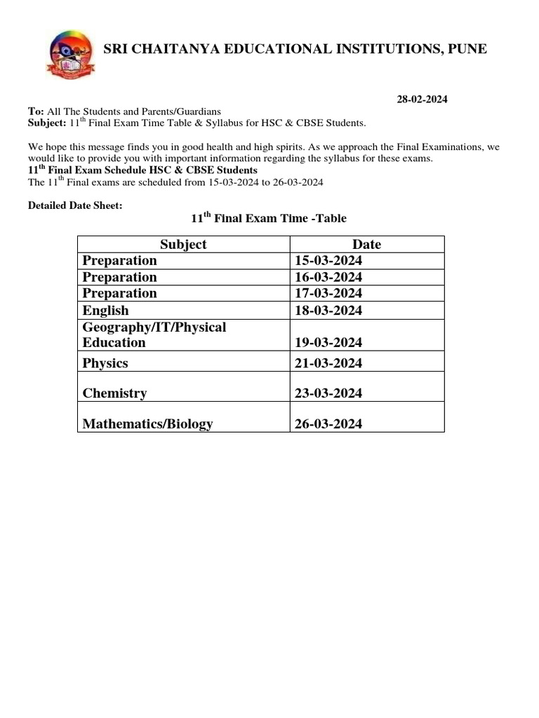11TH Cbse & HSC Final Exam Time Table & Syllabus 29-02-2024 | PDF ...