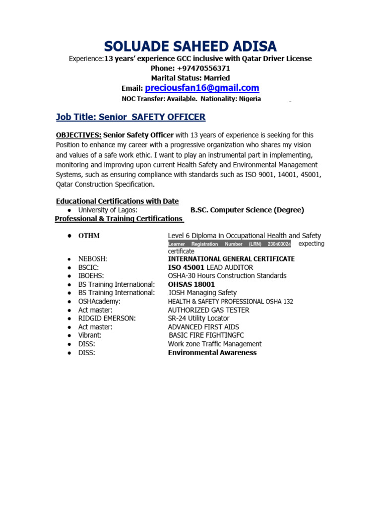 Safety Officer Career Profile | PDF | Occupational Safety And Health ...