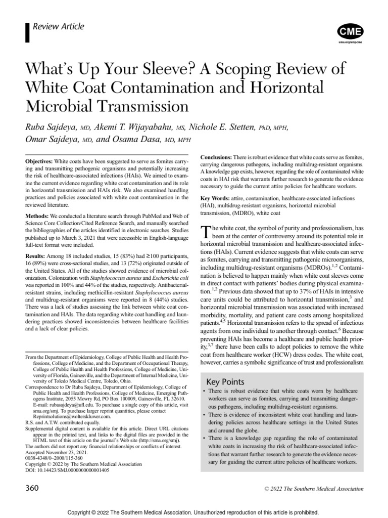 What's Up Your Sleeve - A Scoping Review of White Coat Contamination ...