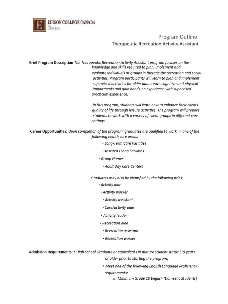 Therapeutic Recreation Assistant Program | PDF | Vaccines