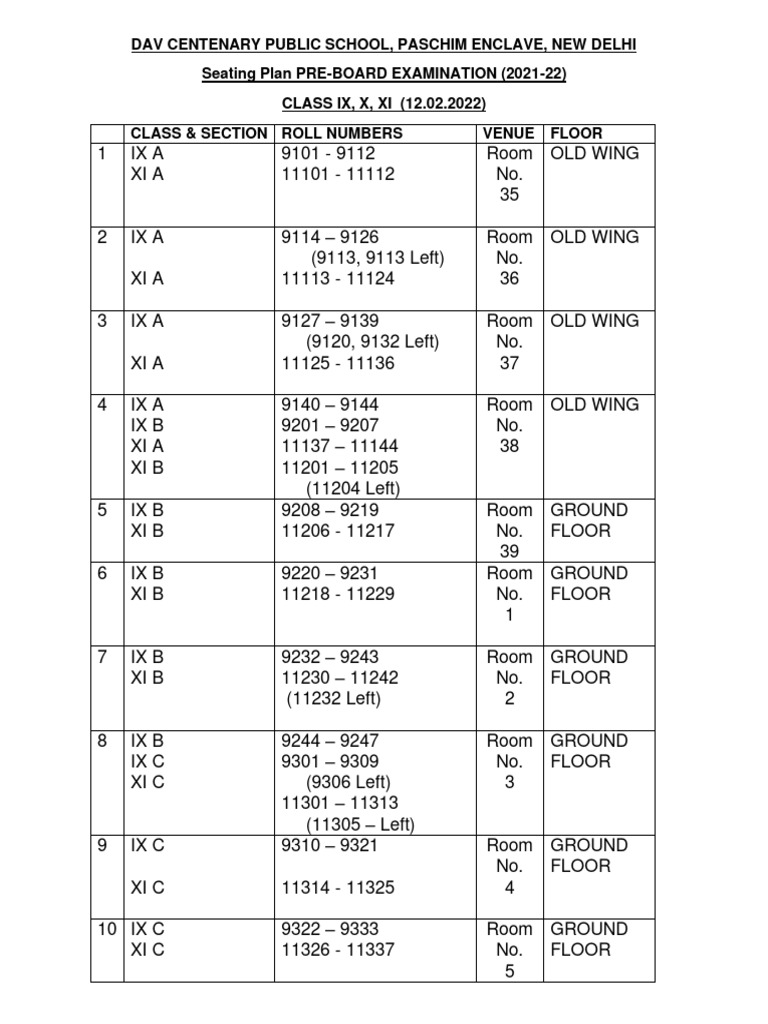 Seating Plan Pre Board Ix, X, Xi - 2022 (12.02.2022) | PDF