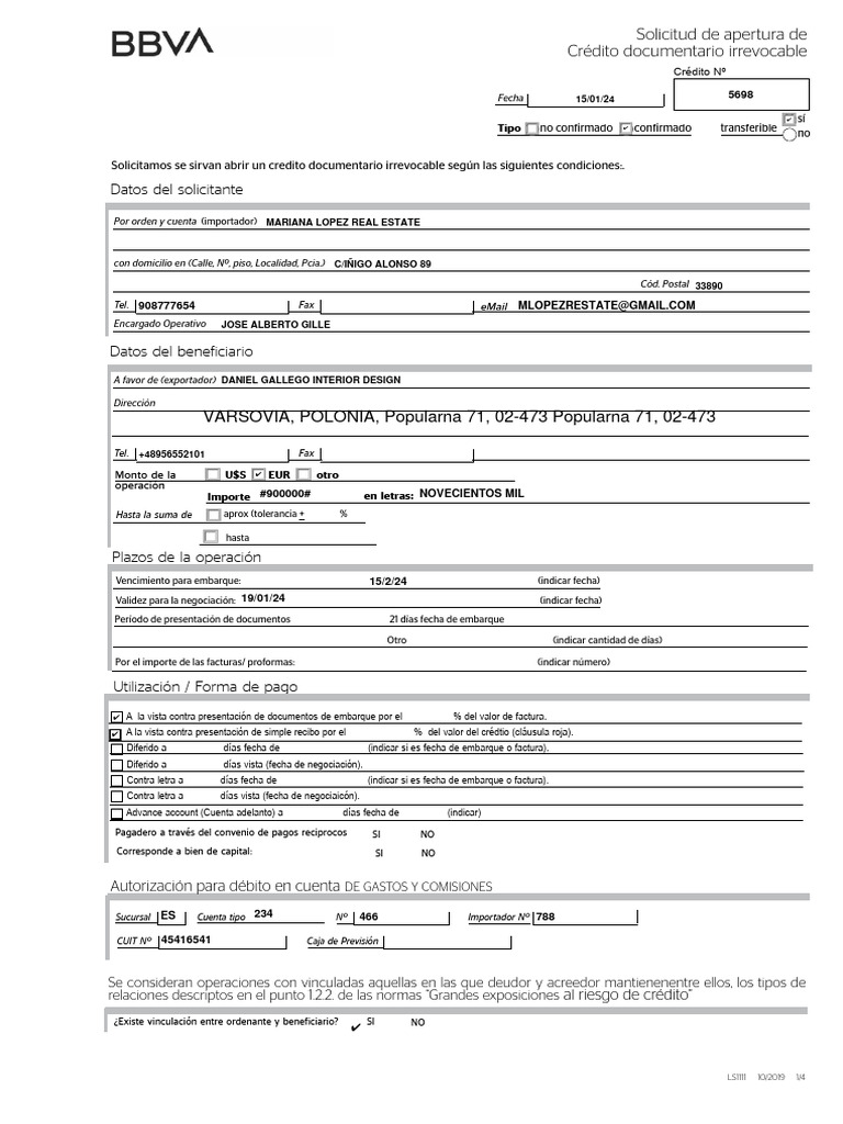 Solicitud de Crédito Documentario BBVA | PDF | Carta de crédito | Comercio