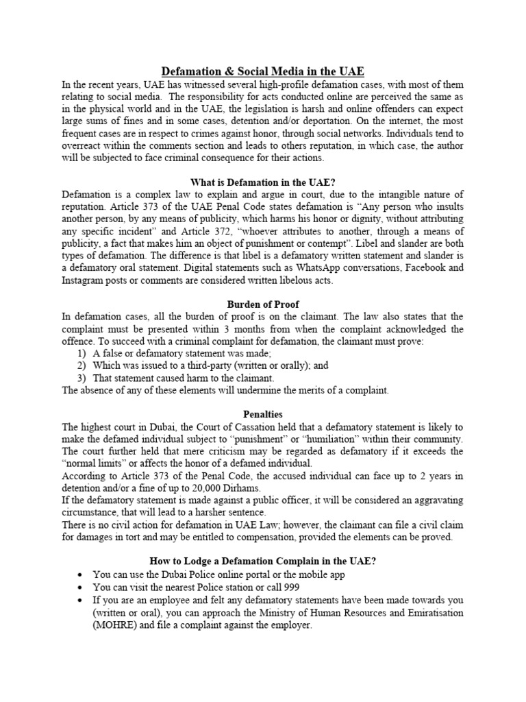 UAE Defamation Law & Social Media Guide | PDF | Defamation | Justice