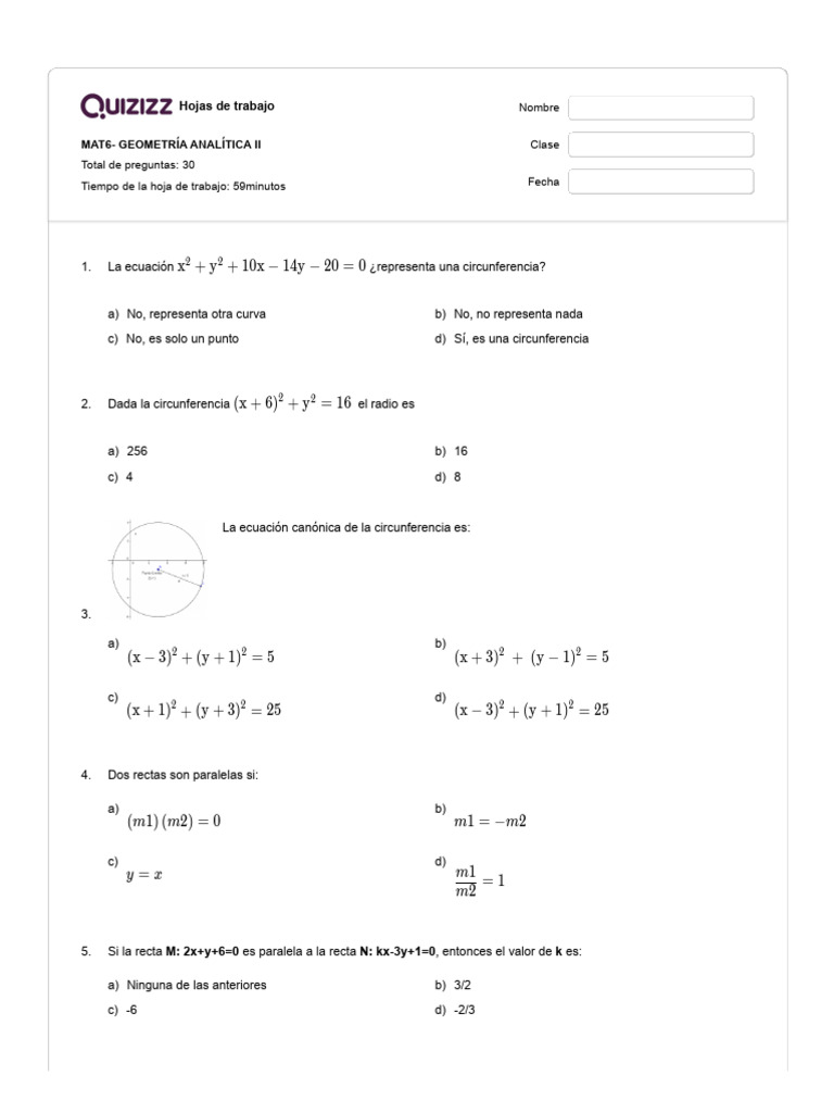 MAT6- GEOMETRÍA ANALÍTICA II _ Quizizz | PDF | Línea (geometría) | Tangente