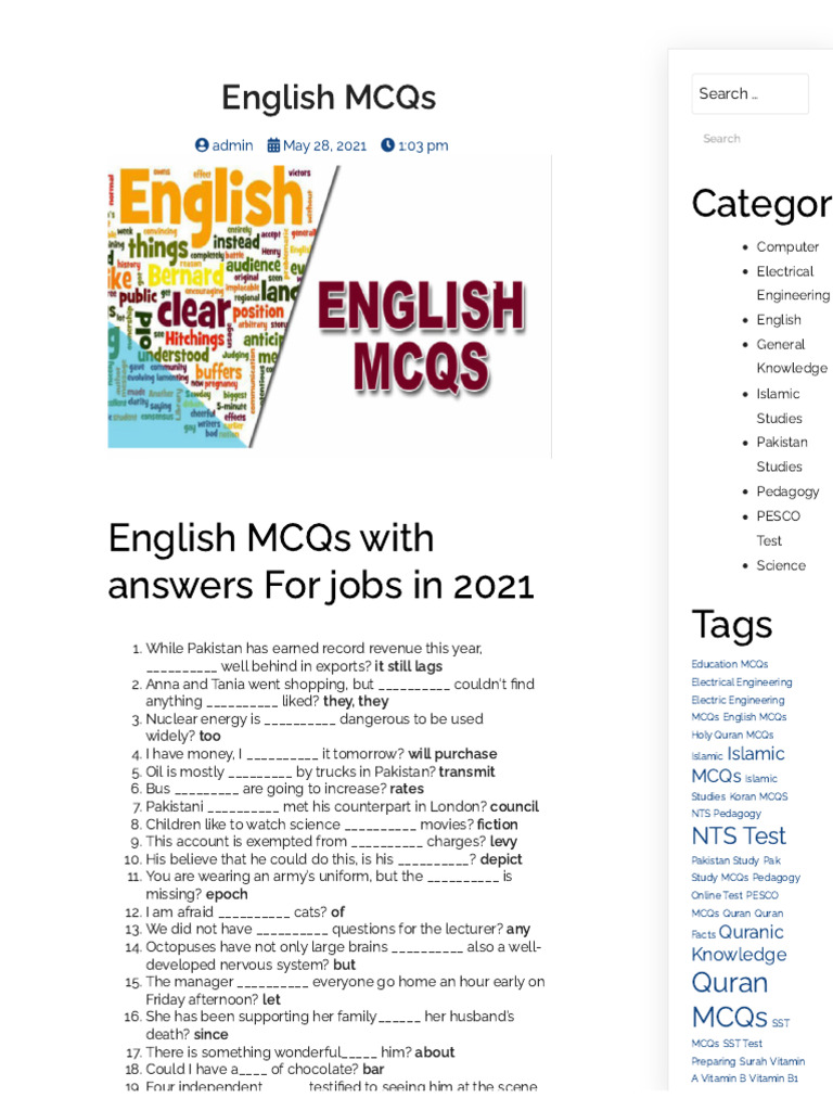 English MCQs - List of Most Repeated NTS MCQs With Answers PAST PAPERS ...
