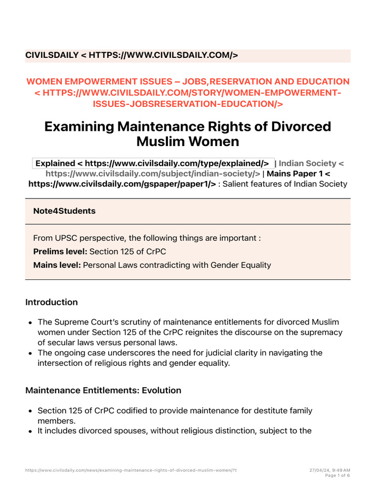 Examining Maintenance Rights of Divorced Muslim Women - Civilsdaily ...