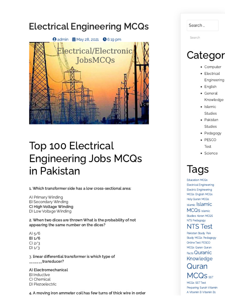 Electrical Engineering MCQs - List of Most Repeated NTS MCQs With Answers PAST PAPERS | PDF ...