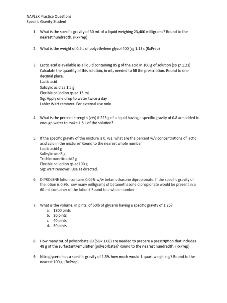 NAPLEX Specific Gravity Practice Questions | PDF | Medical Prescription