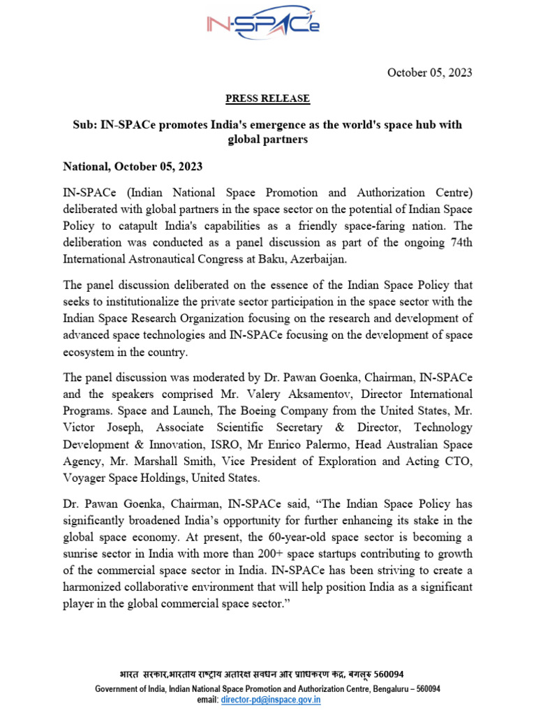 Press Release IAC 2023 BAKU | PDF | Outer Space | Spaceflight