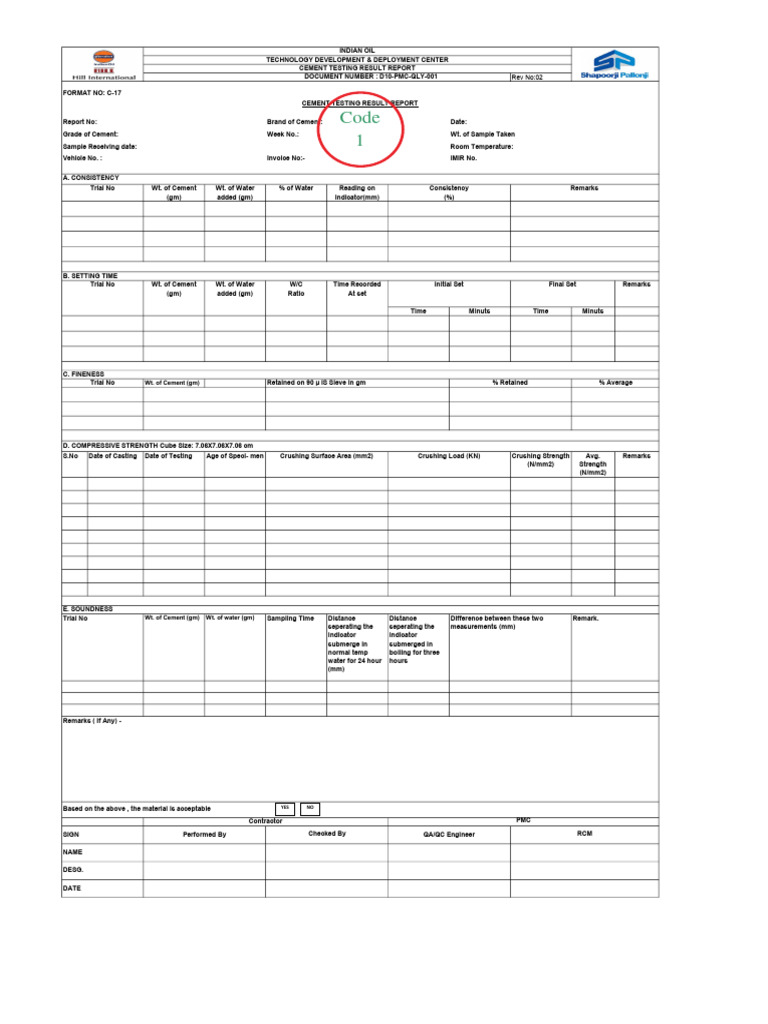 Revised Cement Testing Format D10-PMC-QLY-001 (R02) | PDF | Civil ...