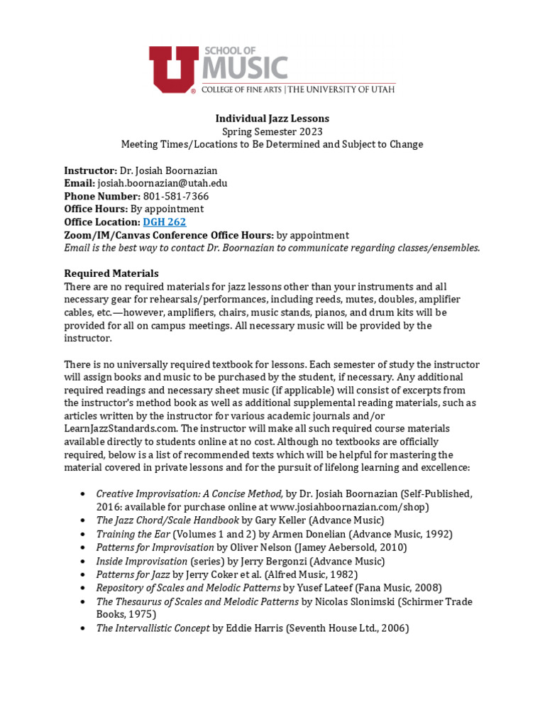 University of Utah Jazz Lessons Syllabus - Spring 2023 | PDF | Jazz ...