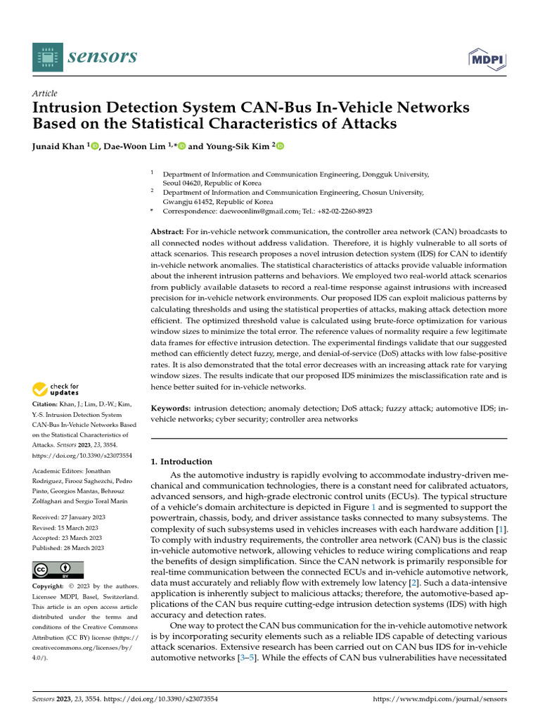 Sensors: Intrusion Detection System CAN-Bus In-Vehicle Networks Based On The Statistical ...